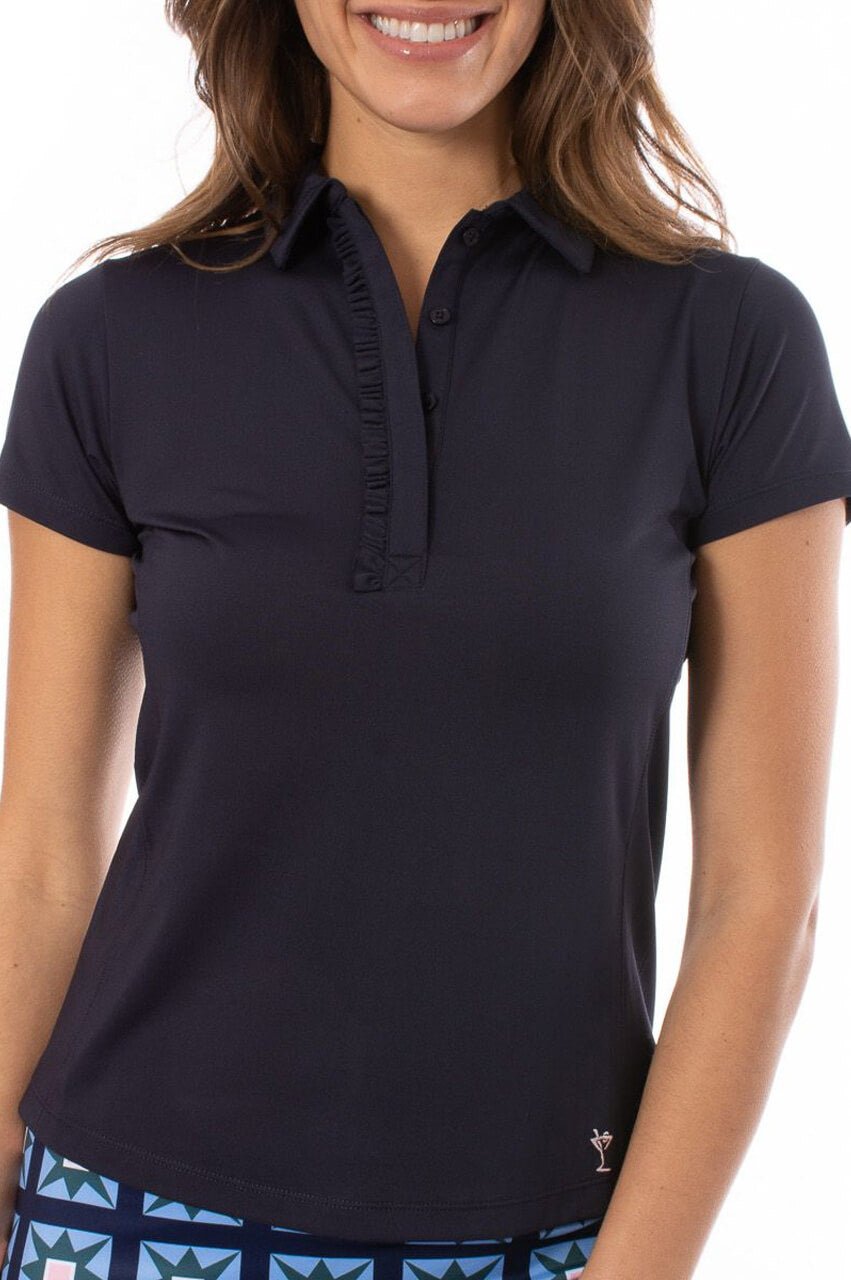 Women's Navy Short Sleeve Ruffle Stretch Polo - Golftini