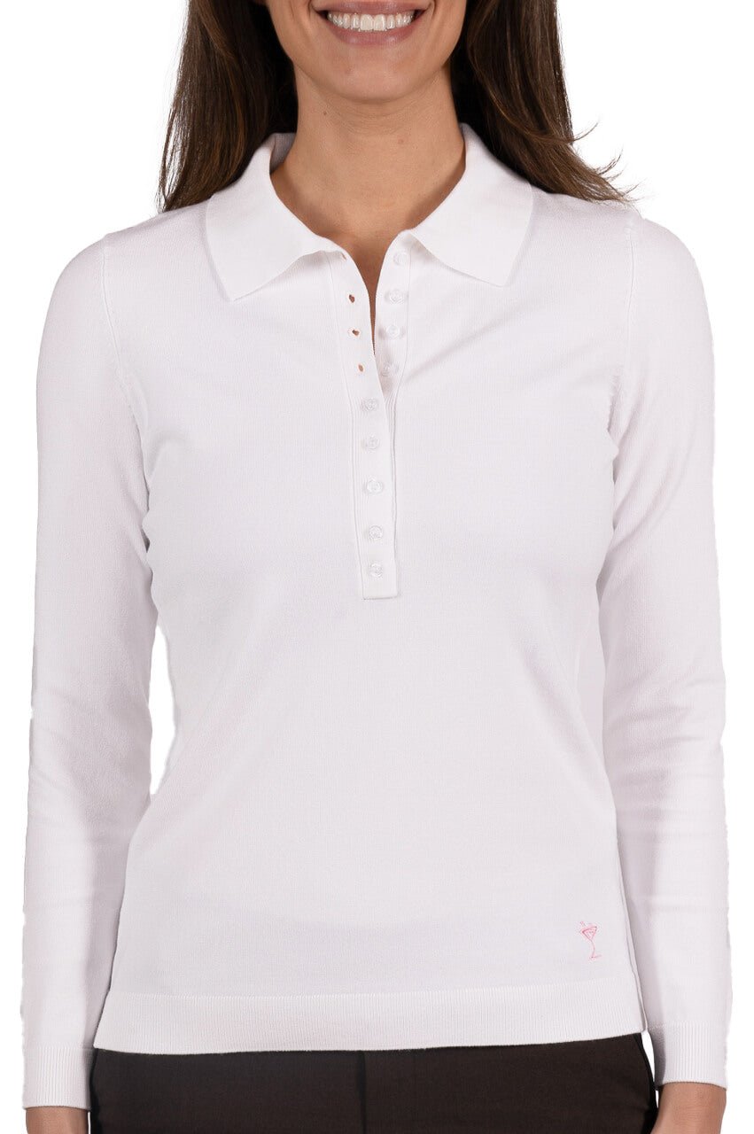 Women's White Long Sleeve Button Polo Sweater - Golftini
