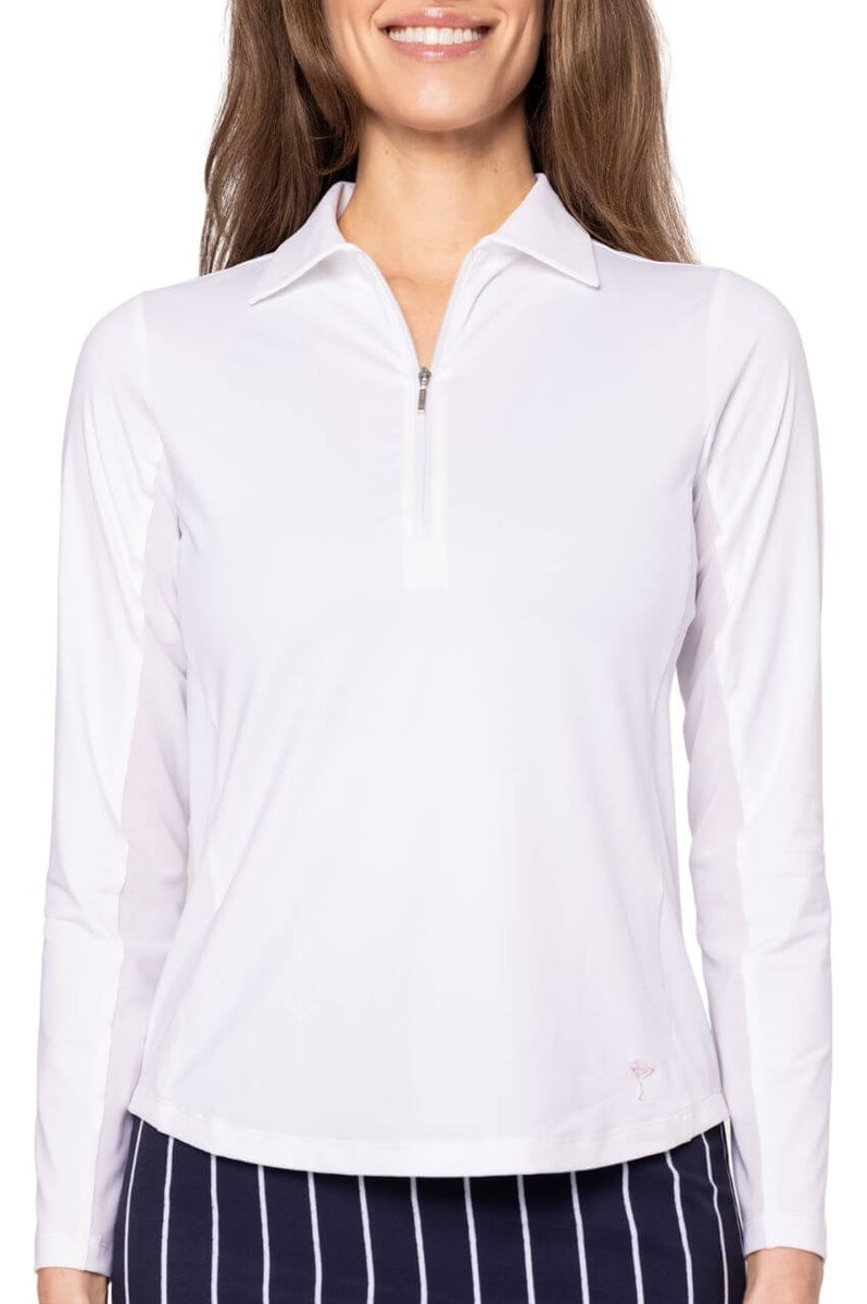 White Long Sleeve Cool Girl Zip Polo | Women's Golf Polos by Golftini