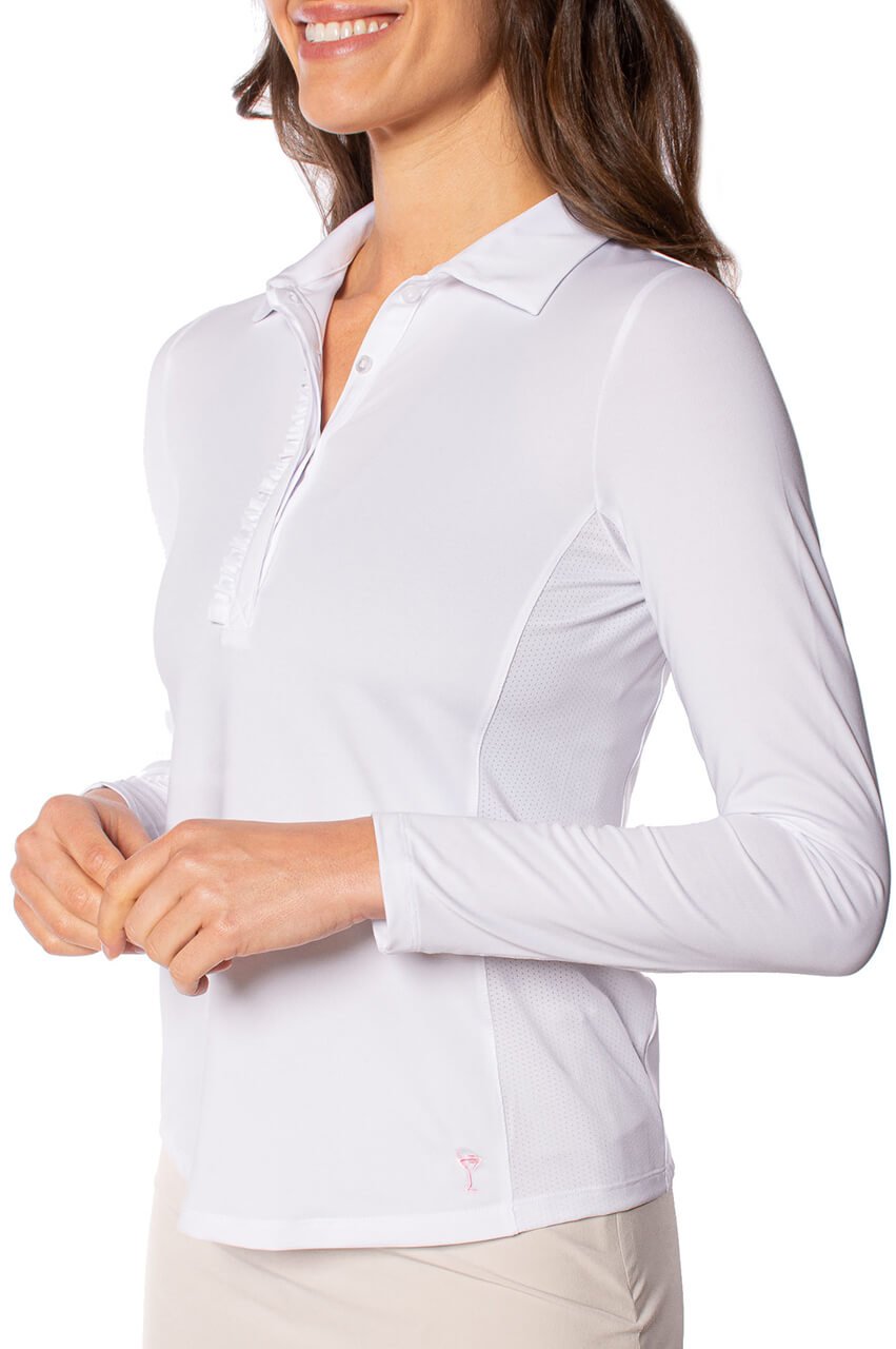 Women's White Long Sleeve Ruffle Stretch Polo - Golftini