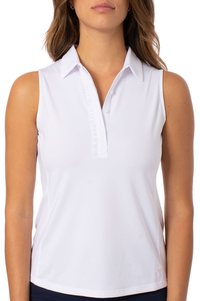 Women's White Sleeveless Ruffle Stretch Polo - Golftini